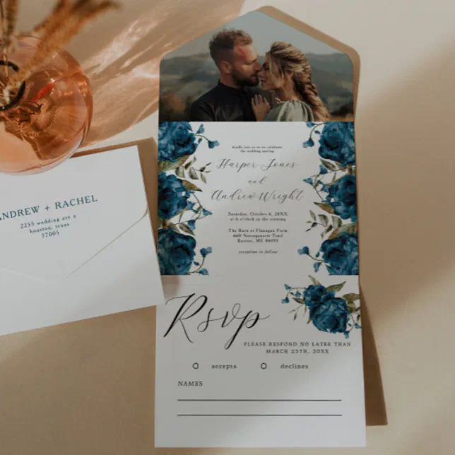 Navy Blue Floral Fall Wedding All In One Invitation | Zazzle
