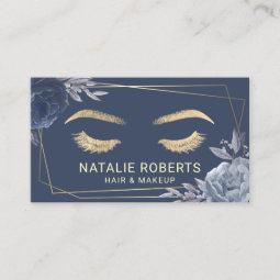Navy Blue Floral Geometric Gold Frame Beauty Salon Business Card | Zazzle