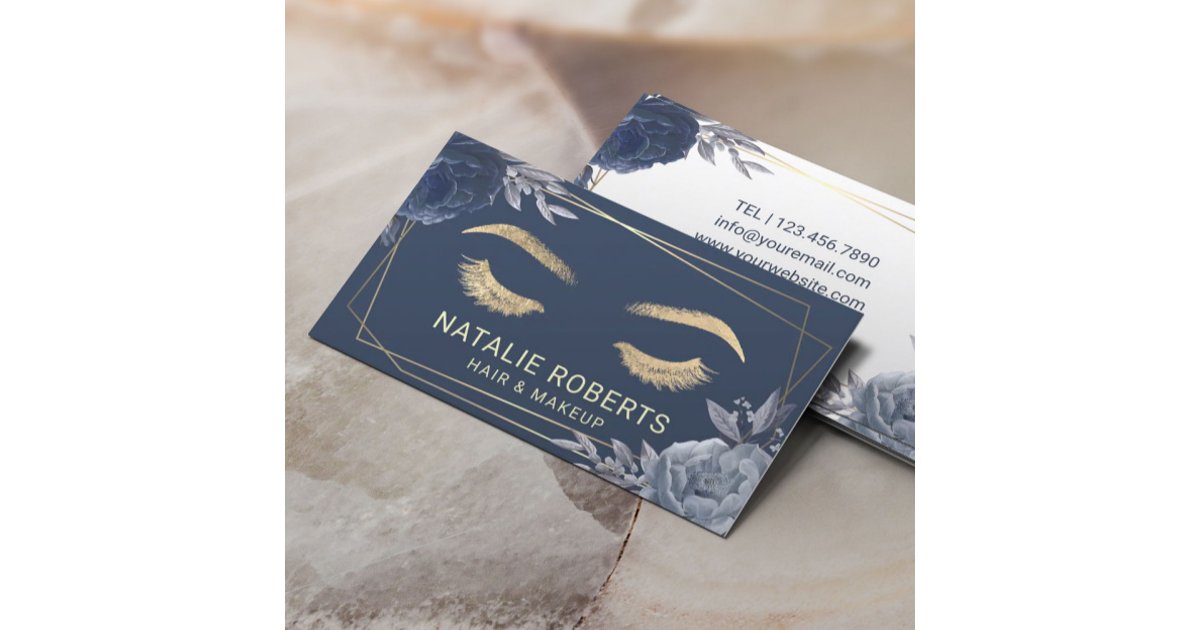 Navy Blue Floral Geometric Gold Frame Beauty Salon Business Card | Zazzle