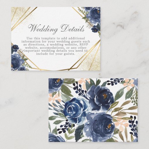 Navy Blue Floral Gold Geometric Wedding Details Enclosure Card | Zazzle