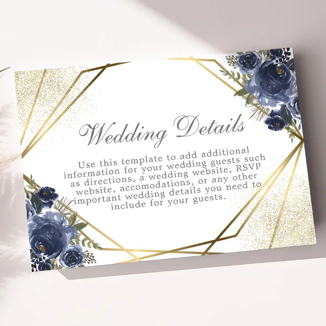 Navy Blue Floral Gold Geometric Wedding Details Enclosure Card | Zazzle