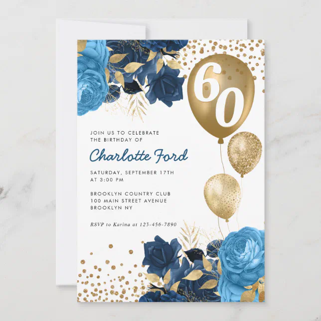 Navy Blue Floral Gold Glitter Balloons Birthday Invitation Zazzle