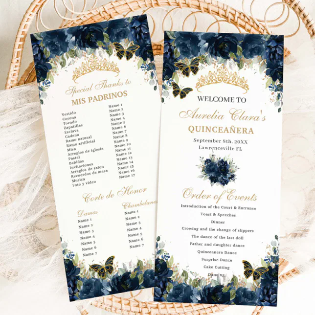 Navy Blue Floral Gold Quinceañera Order of Event Program | Zazzle