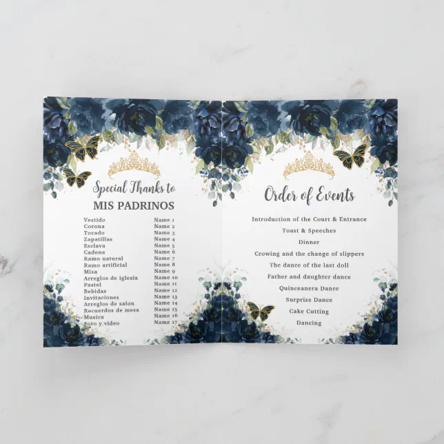 Navy Blue Floral Gold Quinceañera Order of Events Program | Zazzle