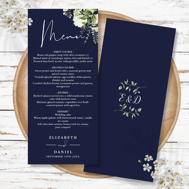Navy Blue Floral Greenery Monogram Wedding Dinner Menu | Zazzle