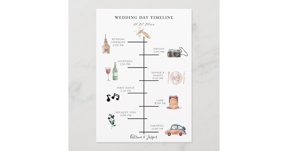 Navy Blue Floral Illustrated Wedding Timeline Program | Zazzle