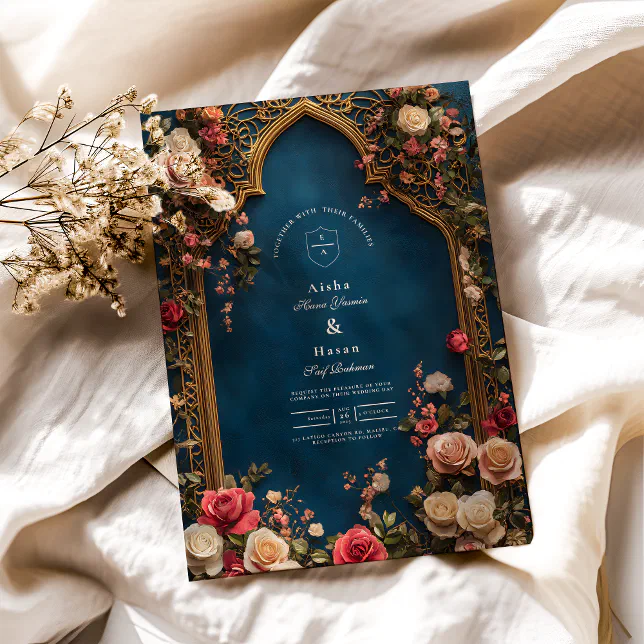 Navy Blue Floral Islamic Wedding Invitation | Zazzle