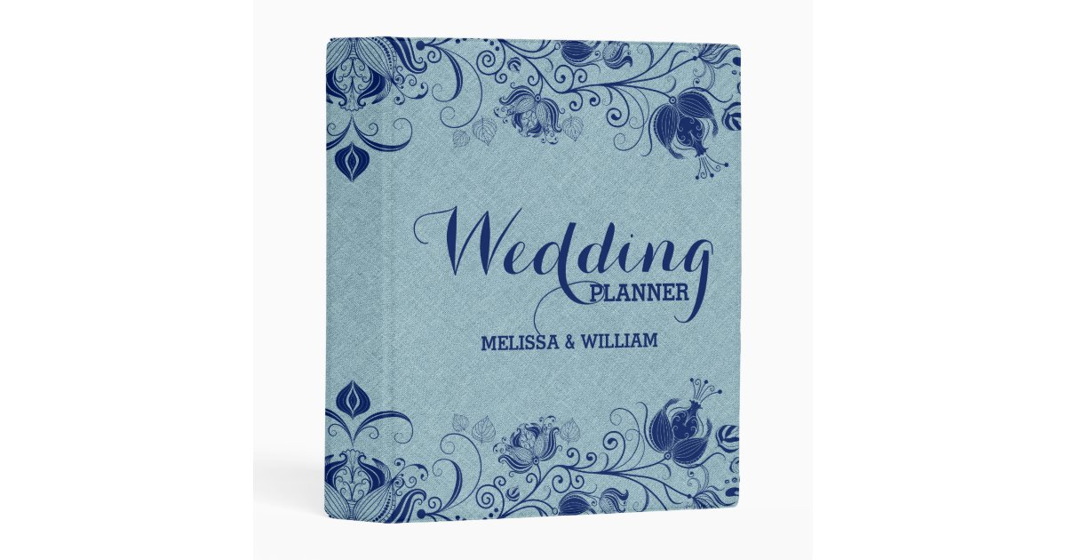 Navy-Blue Floral Lace With Light Blue Linen Mini Binder | Zazzle