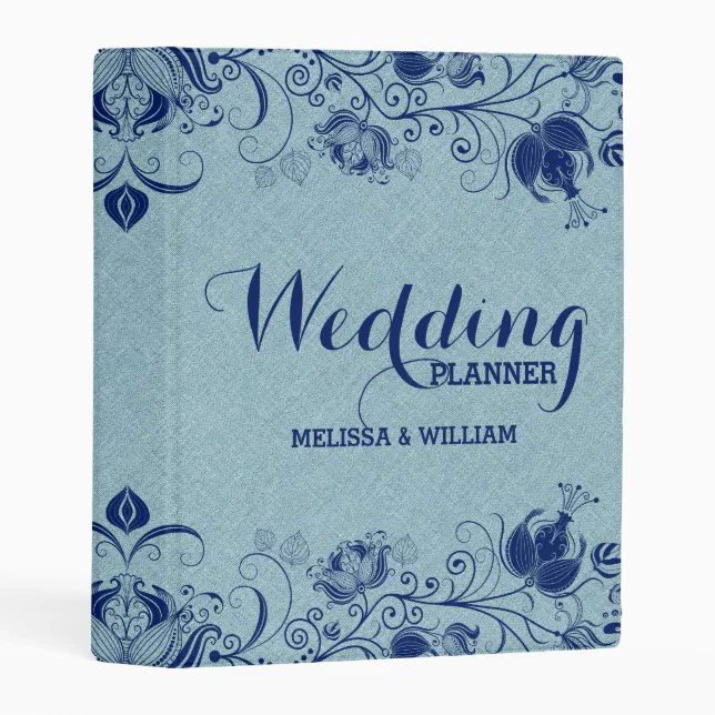 Navy-Blue Floral Lace With Light Blue Linen Mini Binder | Zazzle