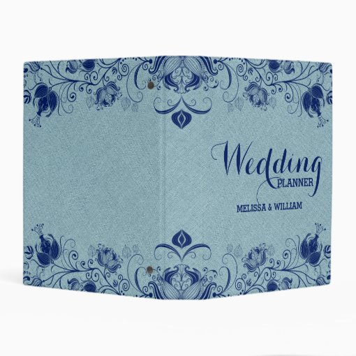 Navy-Blue Floral Lace With Light Blue Linen Mini Binder | Zazzle