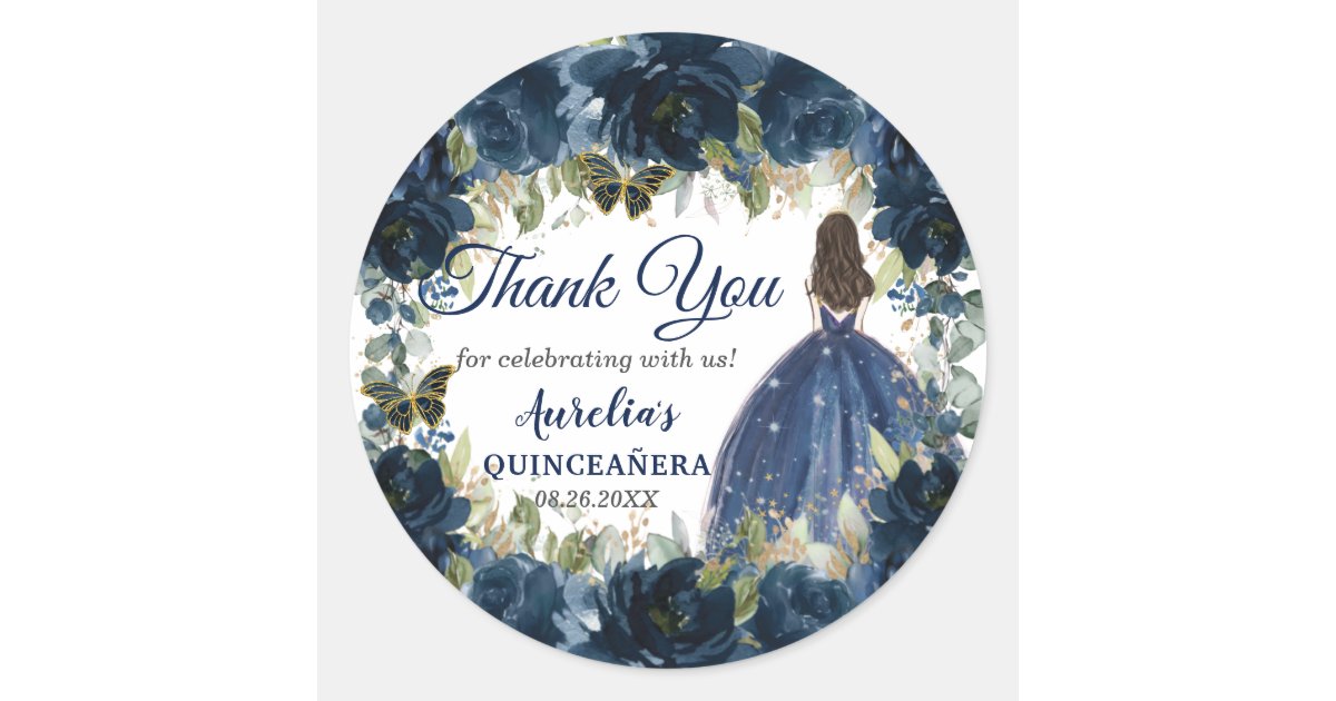 Navy Blue Floral Princess Butterflies Favor Classic Round Sticker | Zazzle
