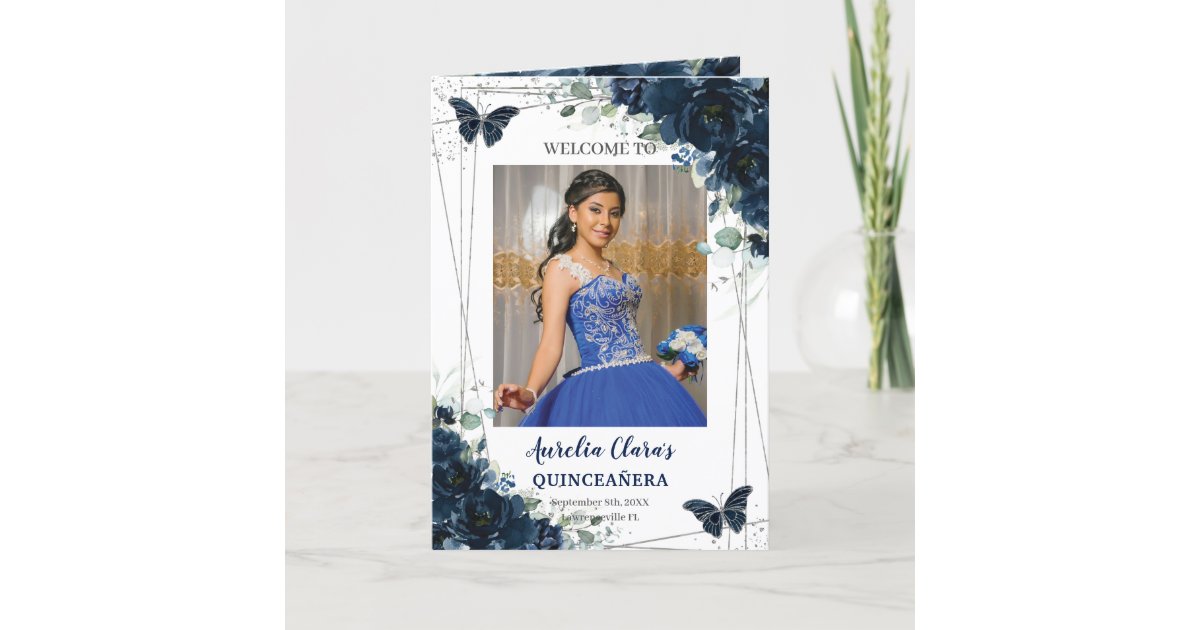 Navy Blue Floral Silver Quinceañera Order of Event Program | Zazzle