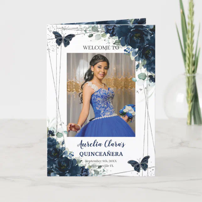 Navy Blue Floral Silver Quinceañera Order of Event Program | Zazzle