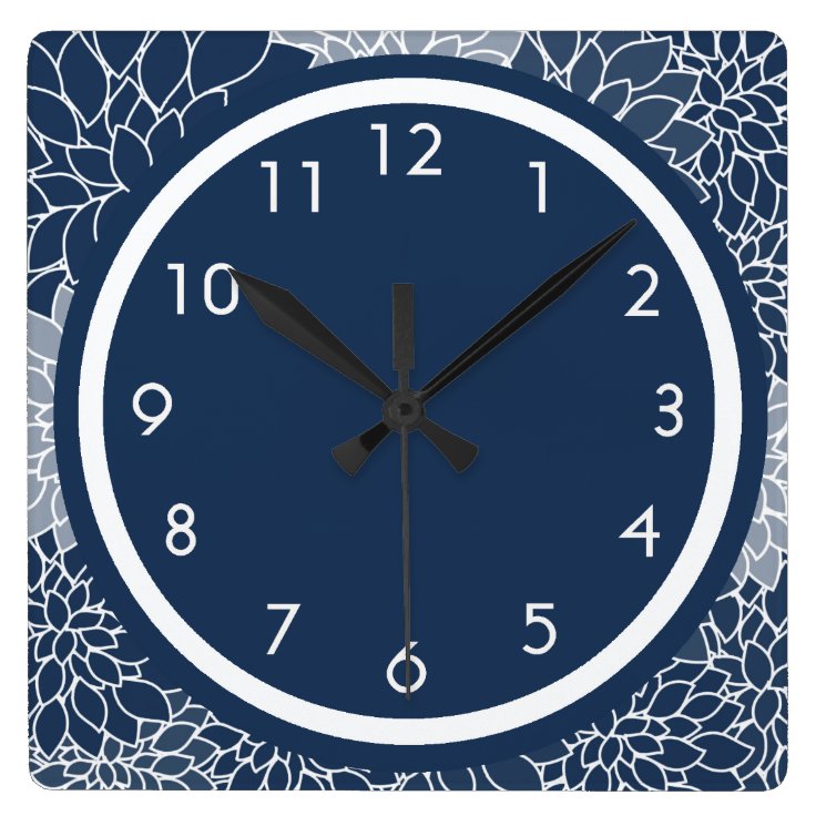Navy Blue Floral Square Wall Clock | Zazzle