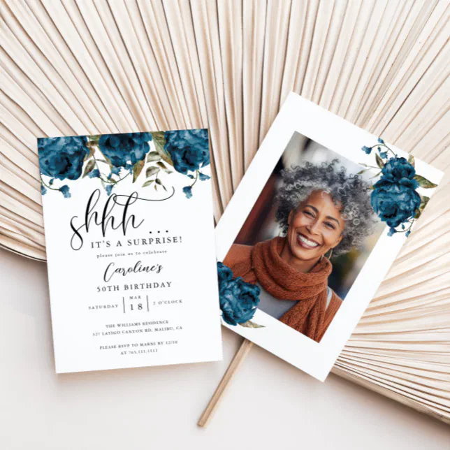 Navy Blue Floral Surprise Birthday Party Invitation | Zazzle