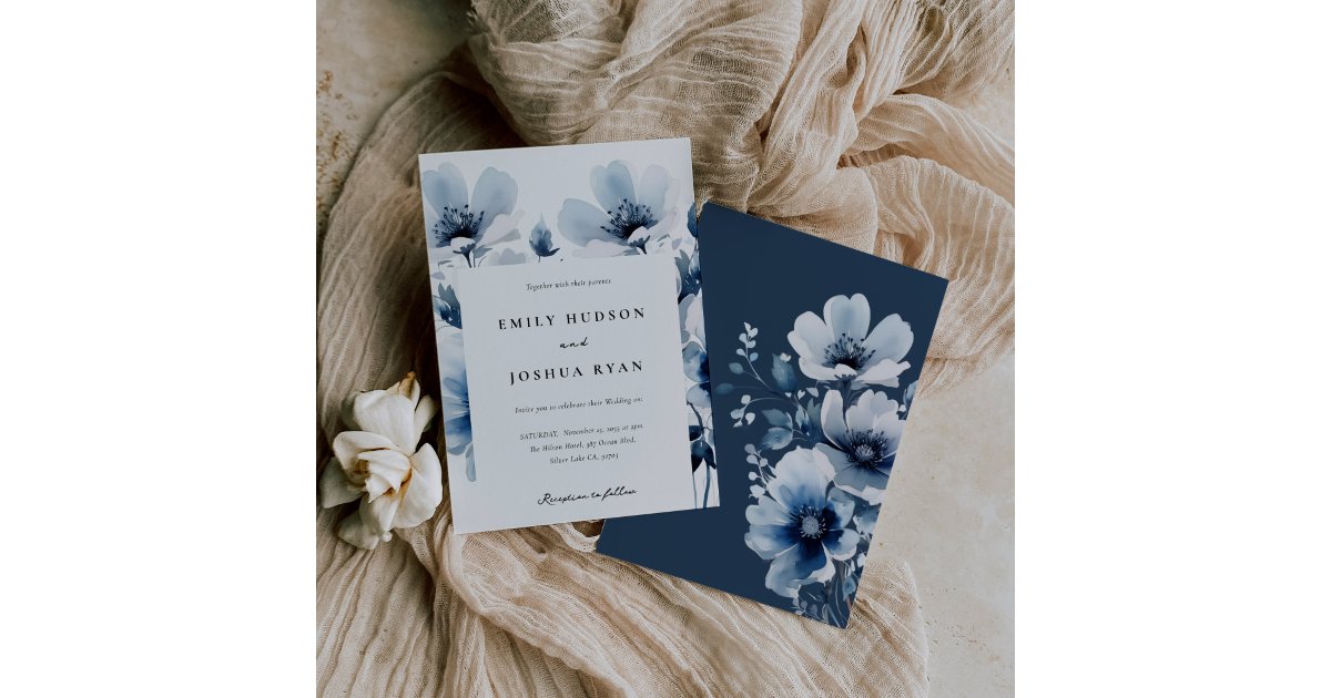 Navy Blue Floral Wedding Invitation | Zazzle