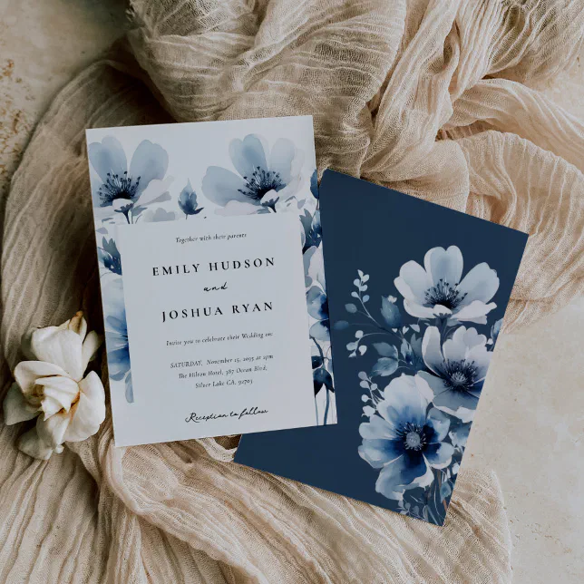 Navy Blue Floral Wedding Invitation | Zazzle