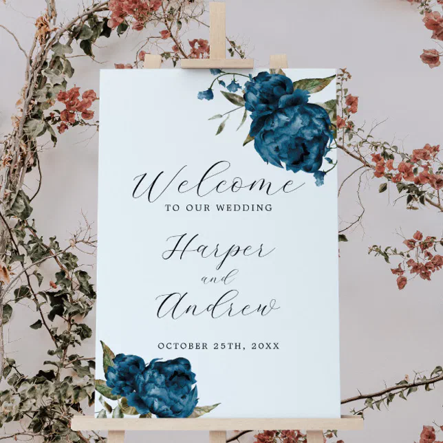 Navy Blue Floral Wedding Welcome Sign | Zazzle