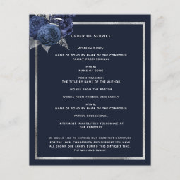 Navy blue florals silver photo funeral program | Zazzle