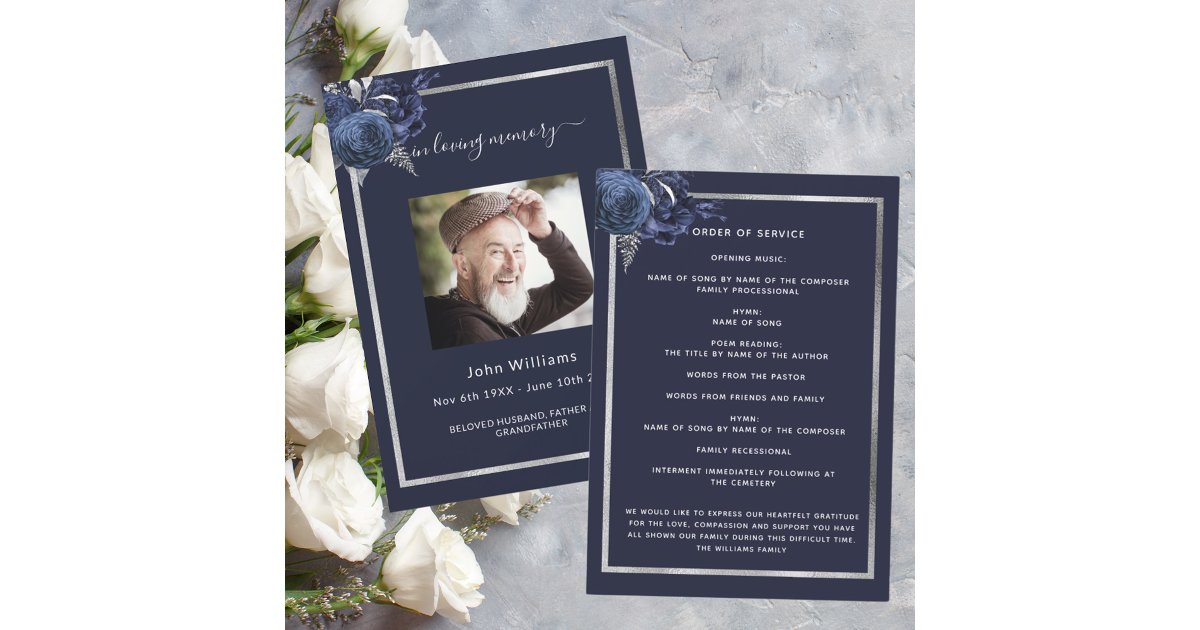 Navy blue florals silver photo funeral program | Zazzle
