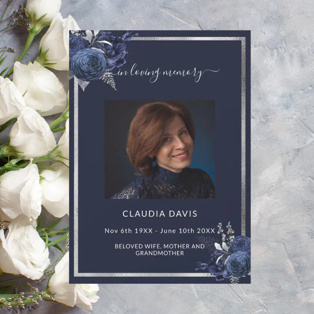 Navy blue florals silver photo funeral program | Zazzle