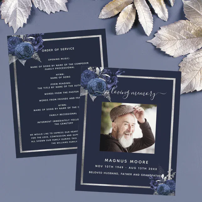 Navy blue florals silver photo funeral program | Zazzle