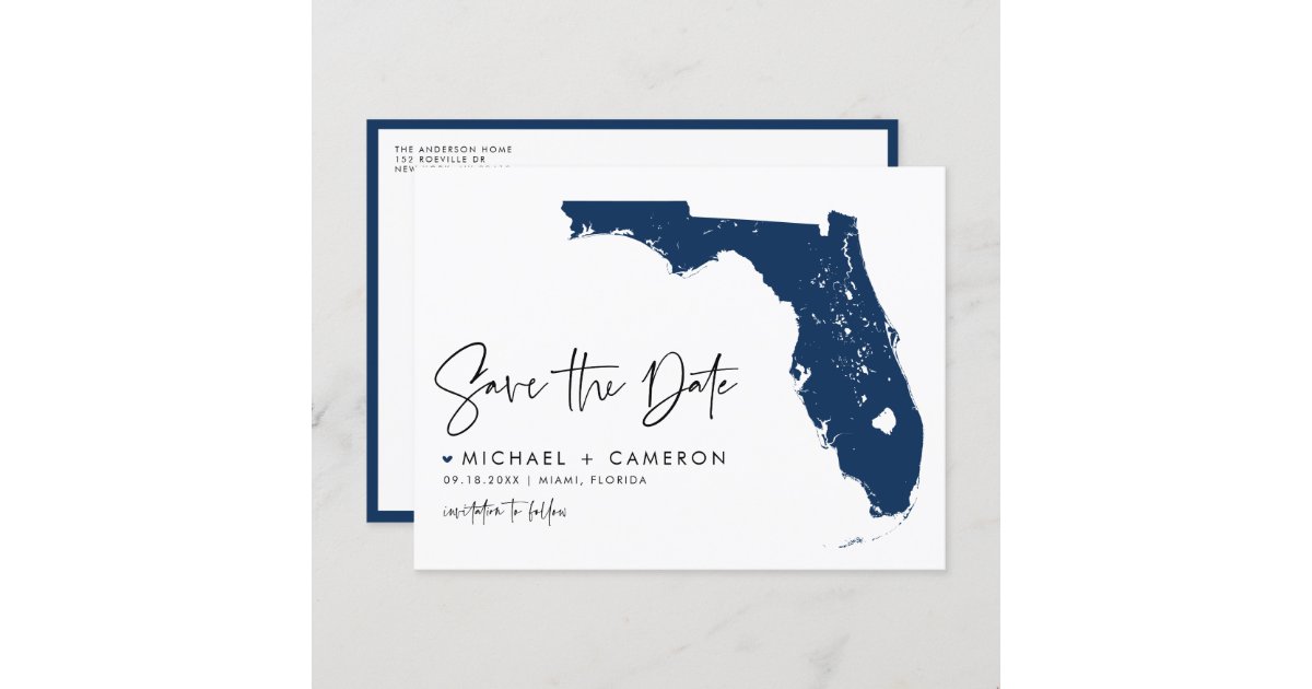 Navy Blue Florida State Map QR Code Save the Date Announcement Postcard ...