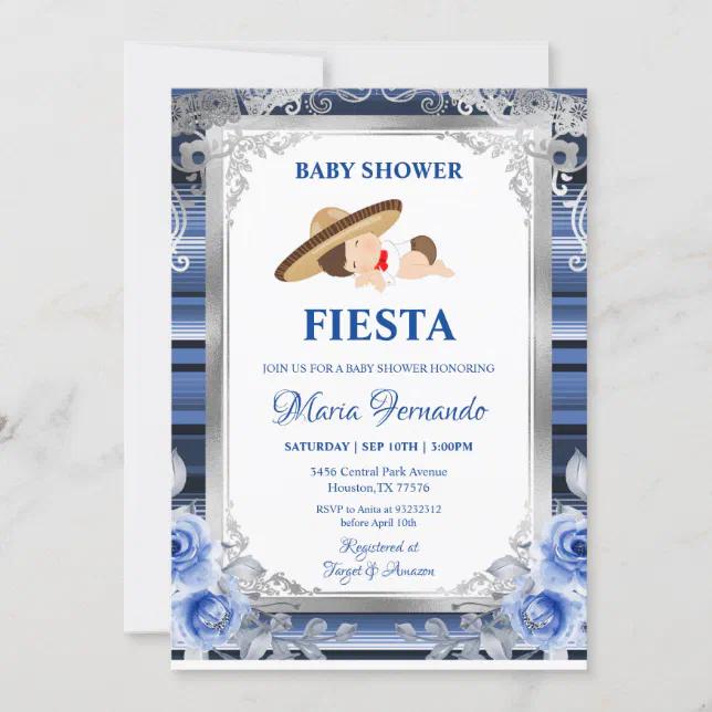 Navy Blue Flower Mexican Baby Shower Fiesta Invitation | Zazzle