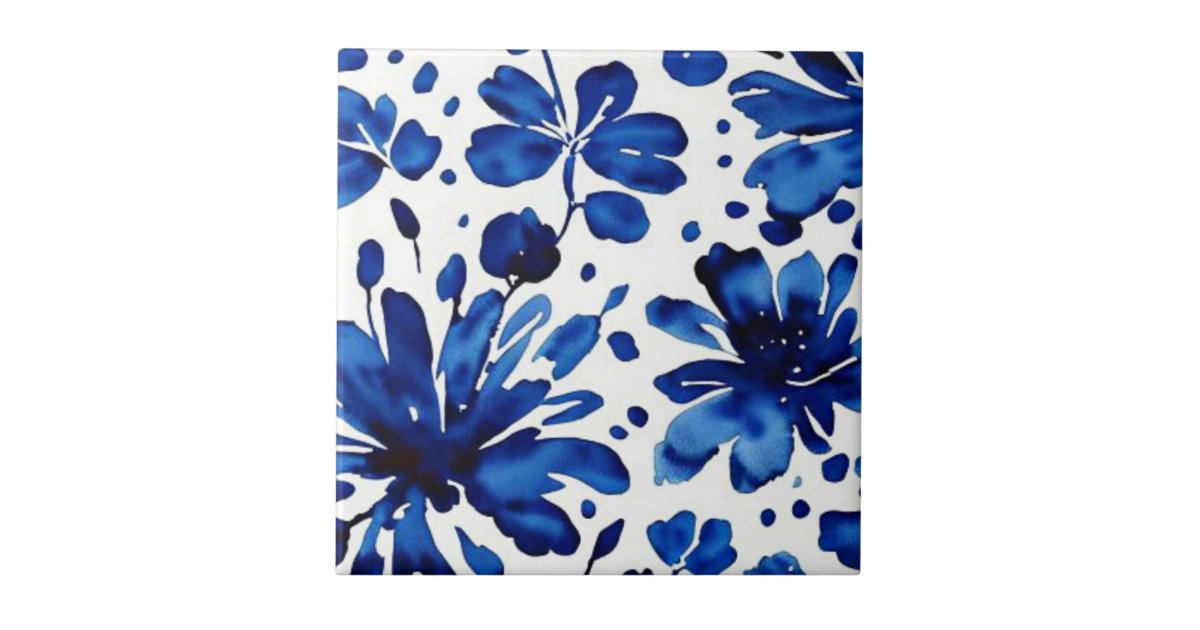 Navy blue flower pattern ceramic tile | Zazzle