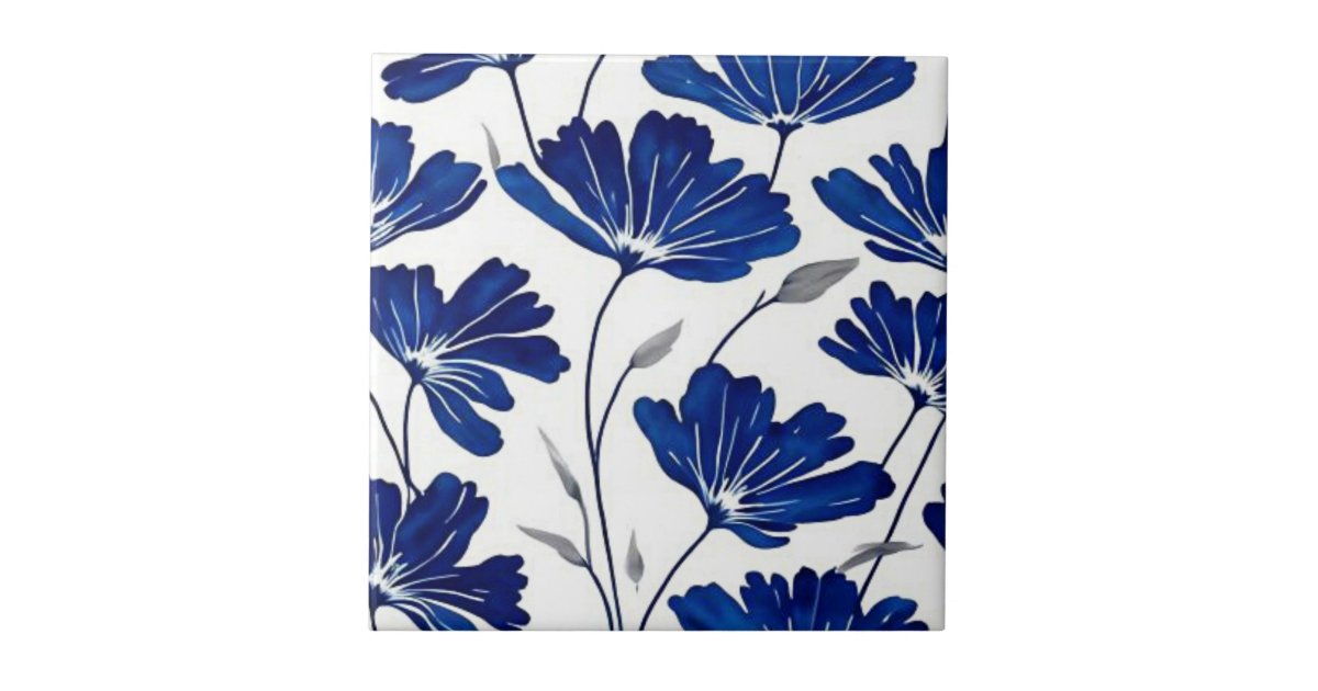 Navy blue flower pattern ceramic tile | Zazzle