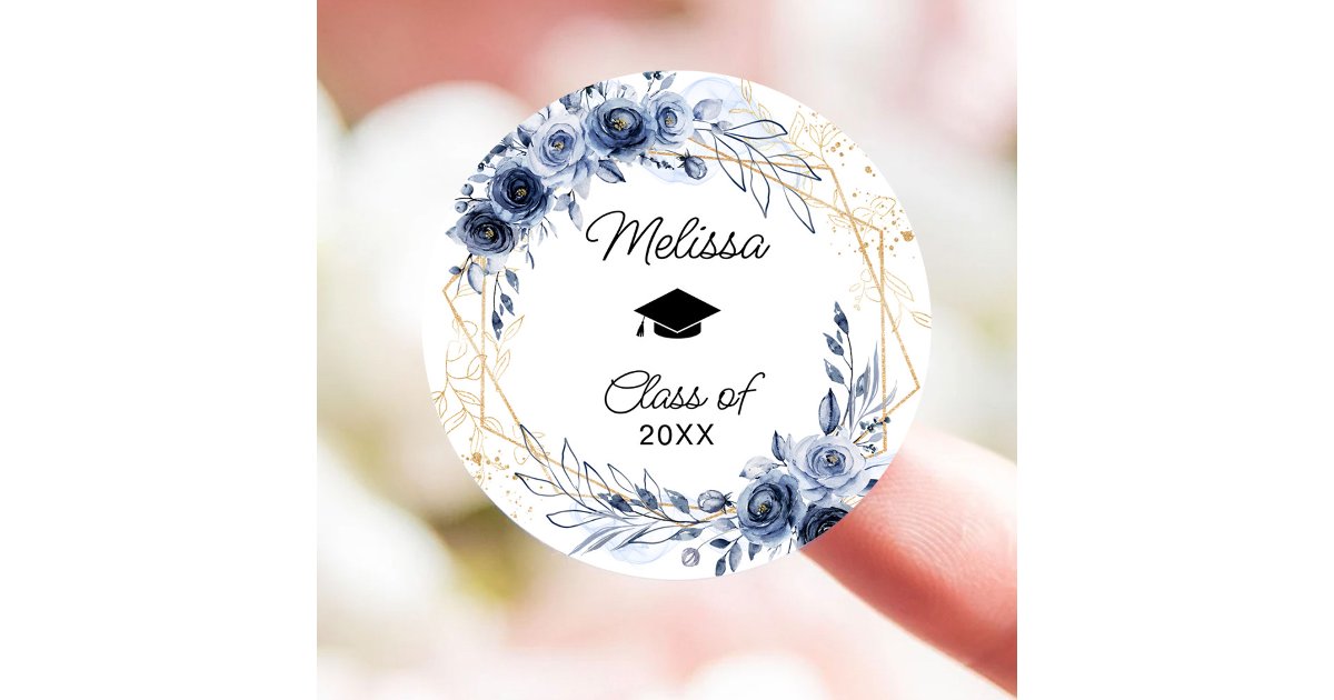 Navy Blue Flowers Graduation Classic Round Sticker | Zazzle