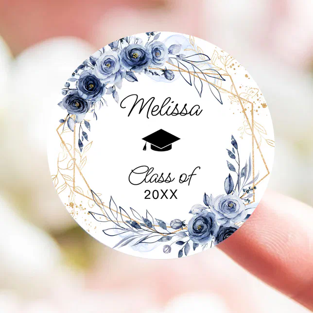Navy Blue Flowers Graduation Classic Round Sticker | Zazzle