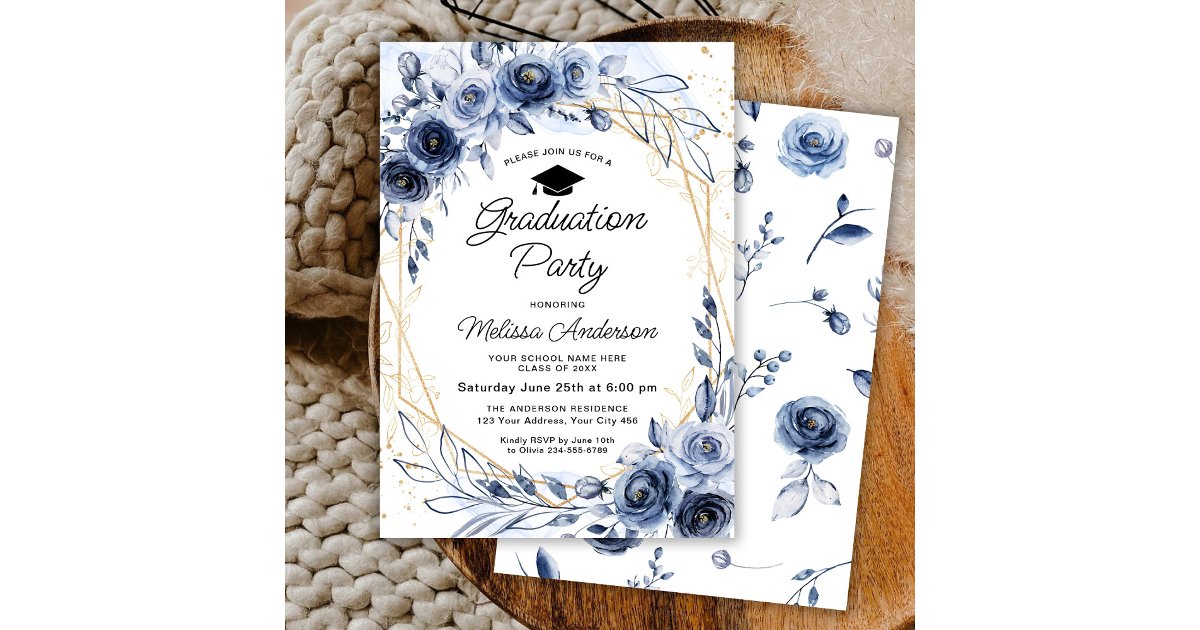 Navy Blue Flowers Graduation Party Invitation | Zazzle