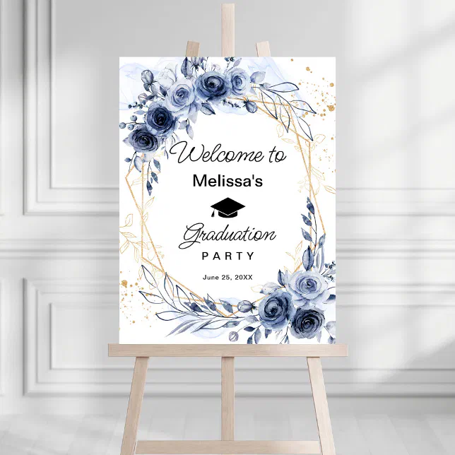 Navy Blue Flowers Graduation Party Welcome Foam Board | Zazzle