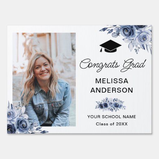 Navy Blue Flowers Graduation Photo Sign | Zazzle