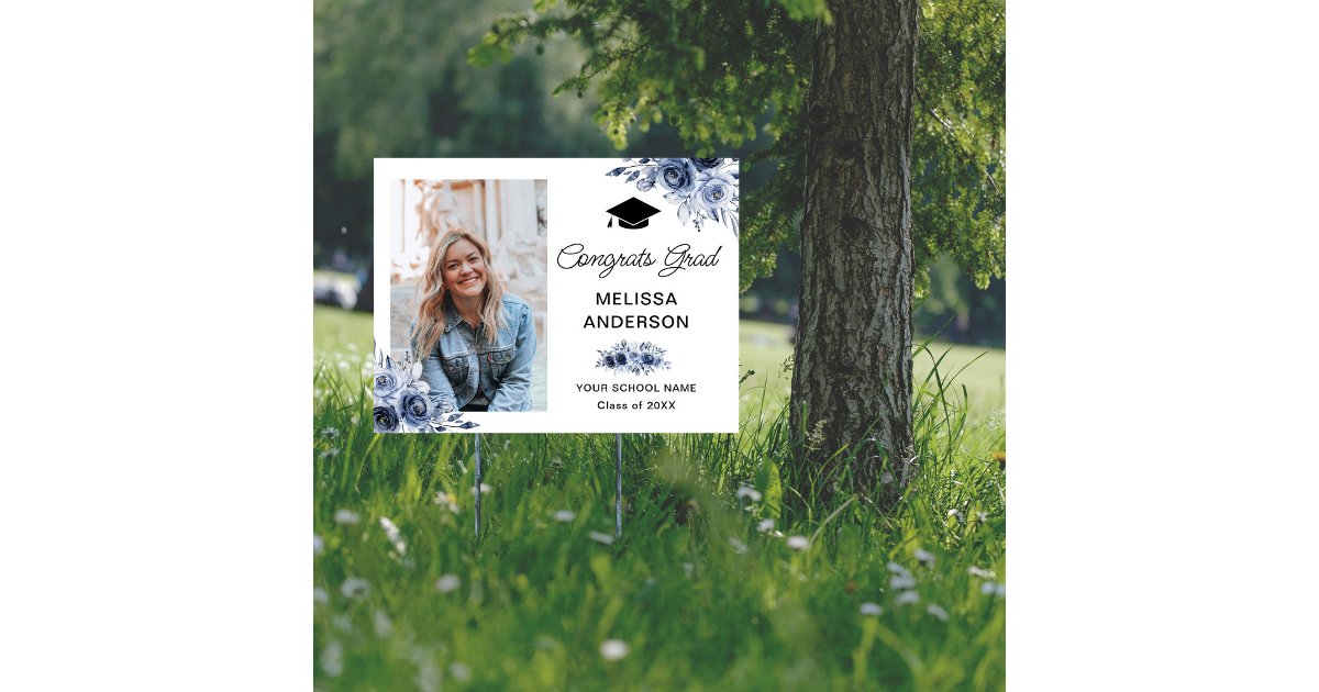 Navy Blue Flowers Graduation Photo Sign | Zazzle