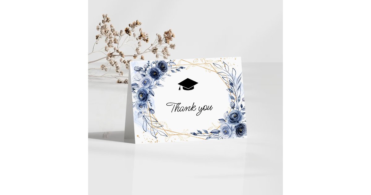 Navy Blue Flowers Graduation Thank You Card | Zazzle
