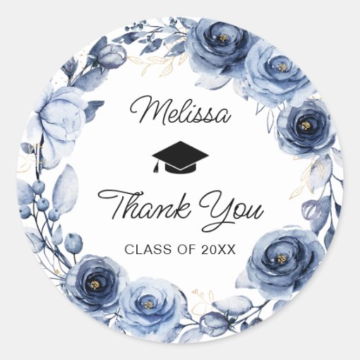Navy Blue Flowers Graduation Thank You Classic Round Sticker | Zazzle