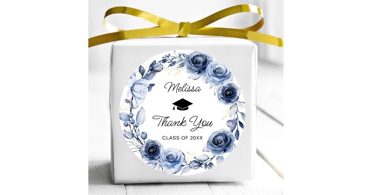 Navy Blue Flowers Graduation Thank You Classic Round Sticker | Zazzle