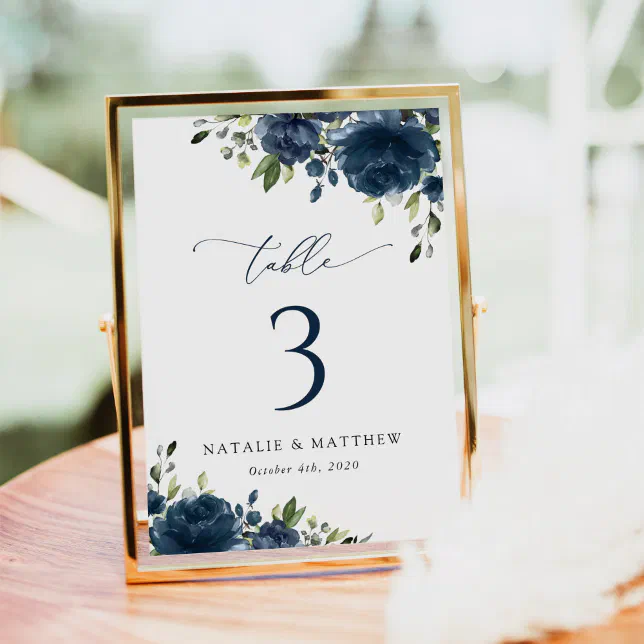 Navy Blue Flowers, Greenery, Boho, Table Numbers | Zazzle