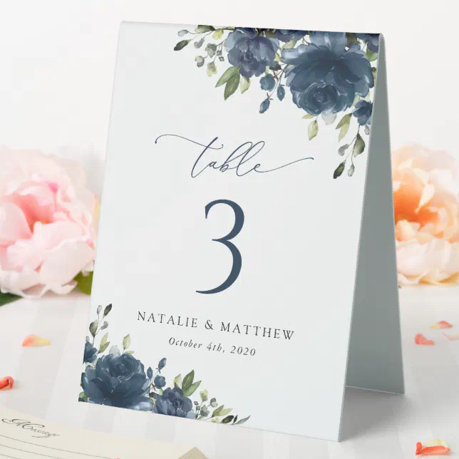 Navy Blue Flowers, Greenery, Boho, Table Numbers Table Tent Sign | Zazzle