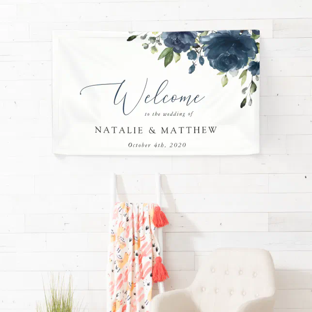 Navy Blue Flowers, Greenery, Boho, Wedding Welcome Banner | Zazzle