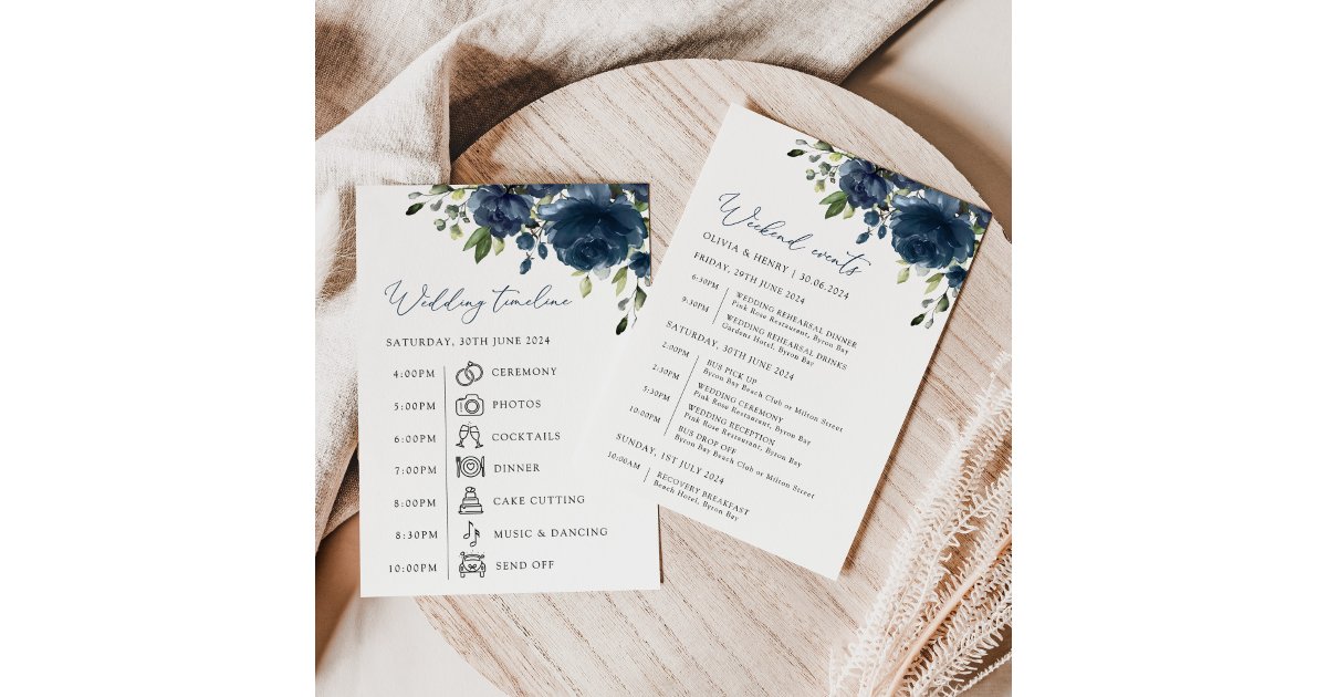 Navy Blue Flowers, Greenery, Wedding Timeline | Zazzle