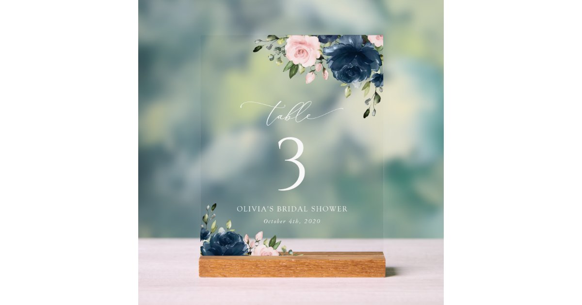 Navy Blue Flowers, Pink Flowers, Table Numbers Acrylic Sign | Zazzle