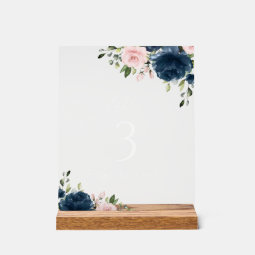 Navy Blue Flowers, Pink Flowers, Table Numbers Acrylic Sign | Zazzle