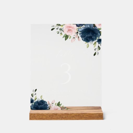 Navy Blue Flowers, Pink Flowers, Table Numbers Acrylic Sign | Zazzle