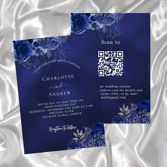 Navy blue flowers QR code RSVP wedding Invitation | Zazzle