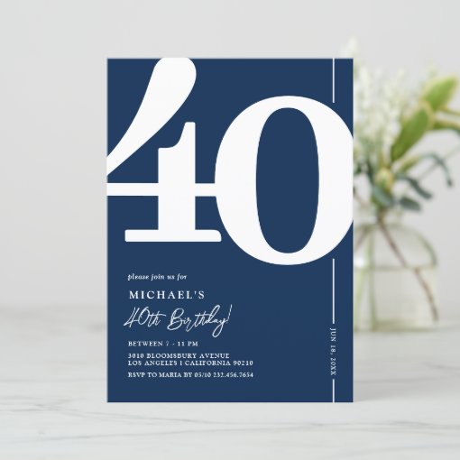 Navy Blue Forty 40th Birthday Party Invitations | Zazzle