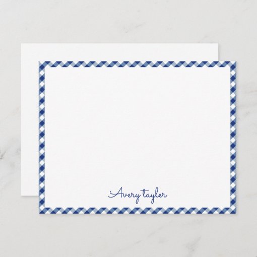 Navy blue gingham pattern personalized Stationery Note Card | Zazzle