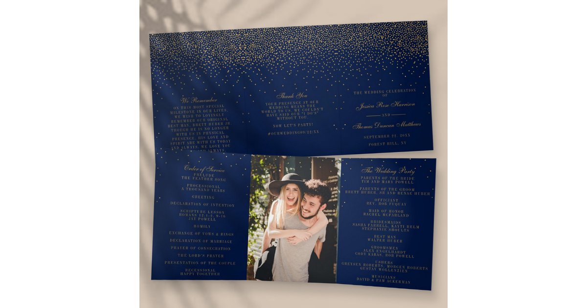 Navy Blue & Glam Gold Confetti Wedding Collection Tri-Fold Program | Zazzle